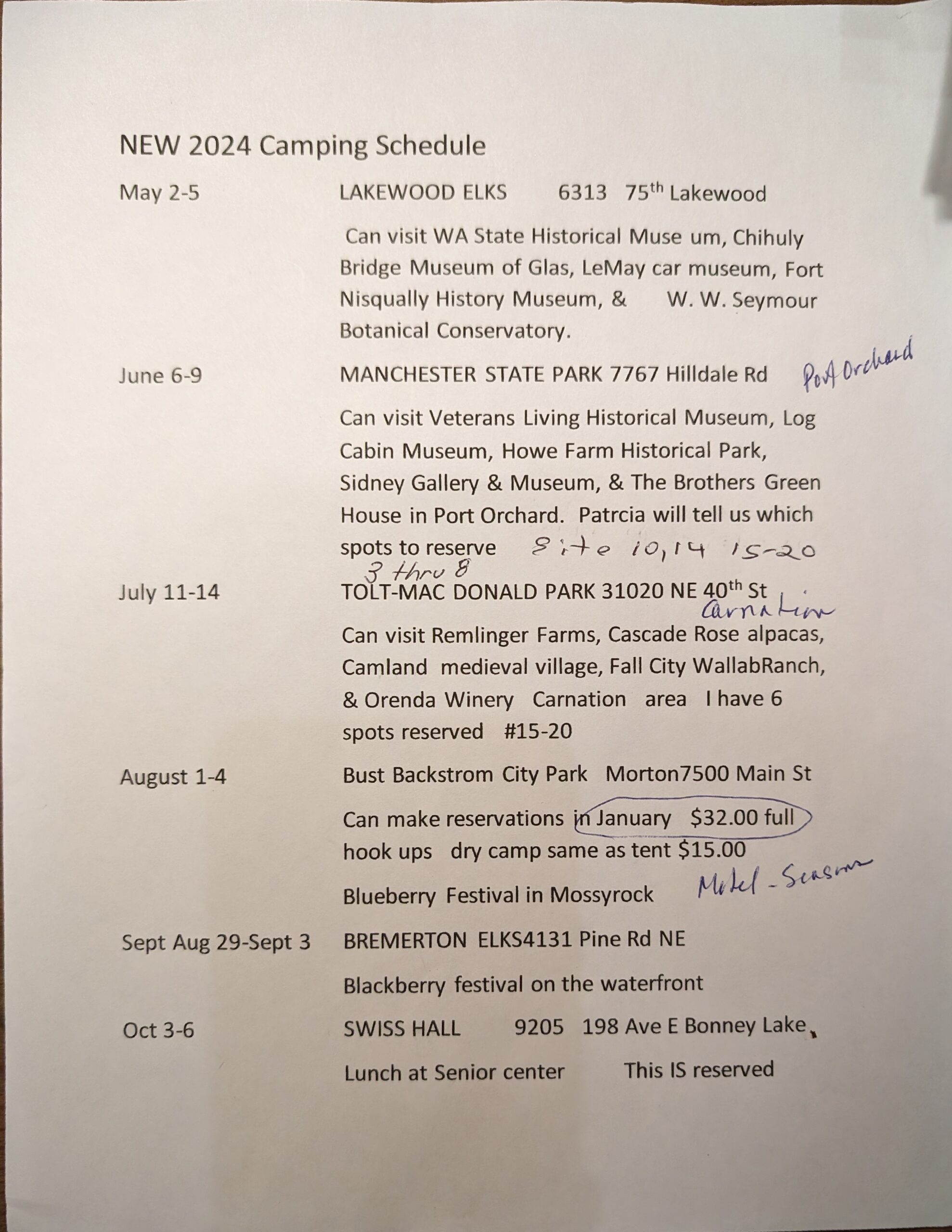 2024 CAMPING SCHEDULE – Nor'West LoWs RV Club